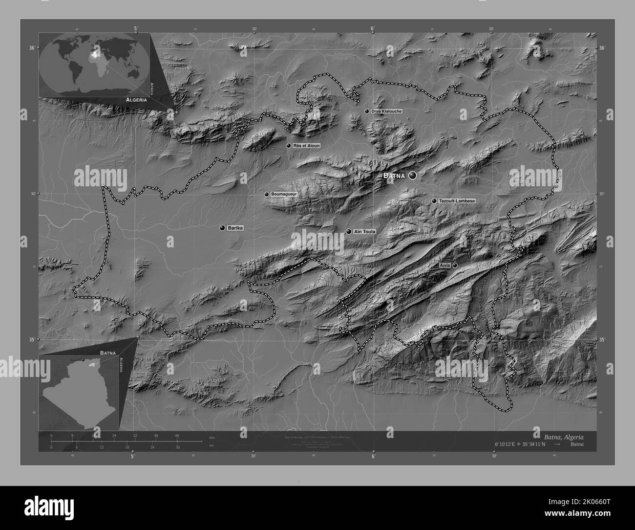 BATNA, province d'Algérie. Carte d'altitude à deux niveaux avec lacs et ...