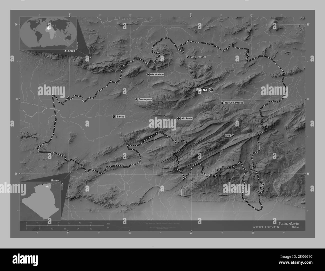 BATNA, province d'Algérie. Carte d'altitude en niveaux de gris avec ...
