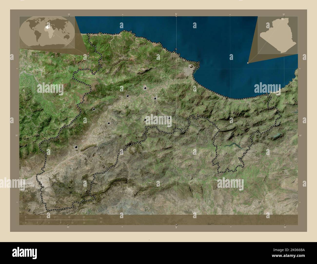 Bejaia, province d'Algérie. Carte satellite haute résolution. Lieux des ...
