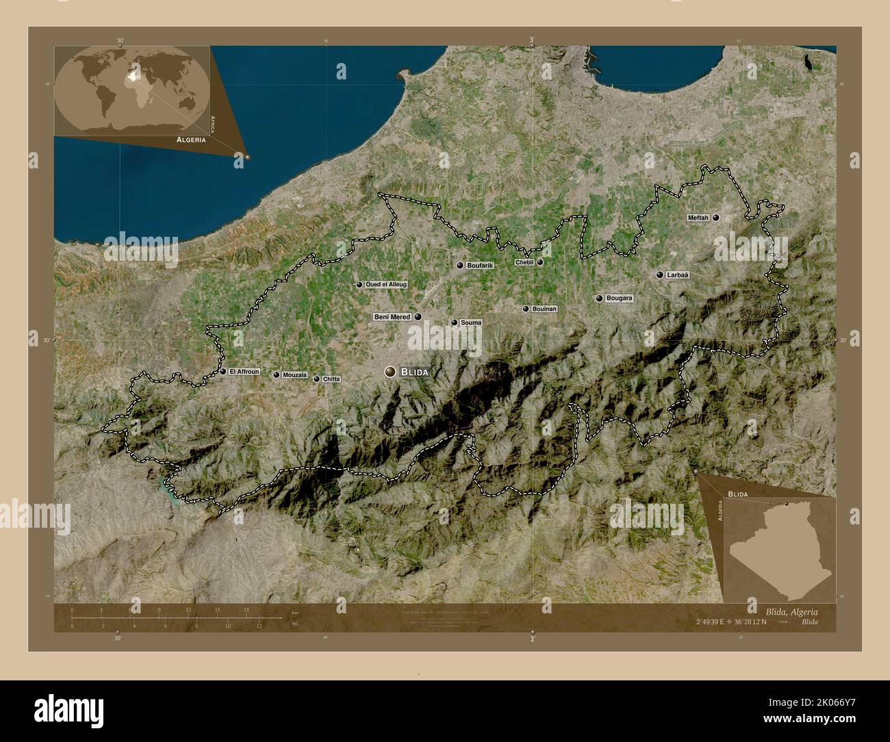 Blida, province d'Algérie. Carte satellite basse résolution. Lieux et ...