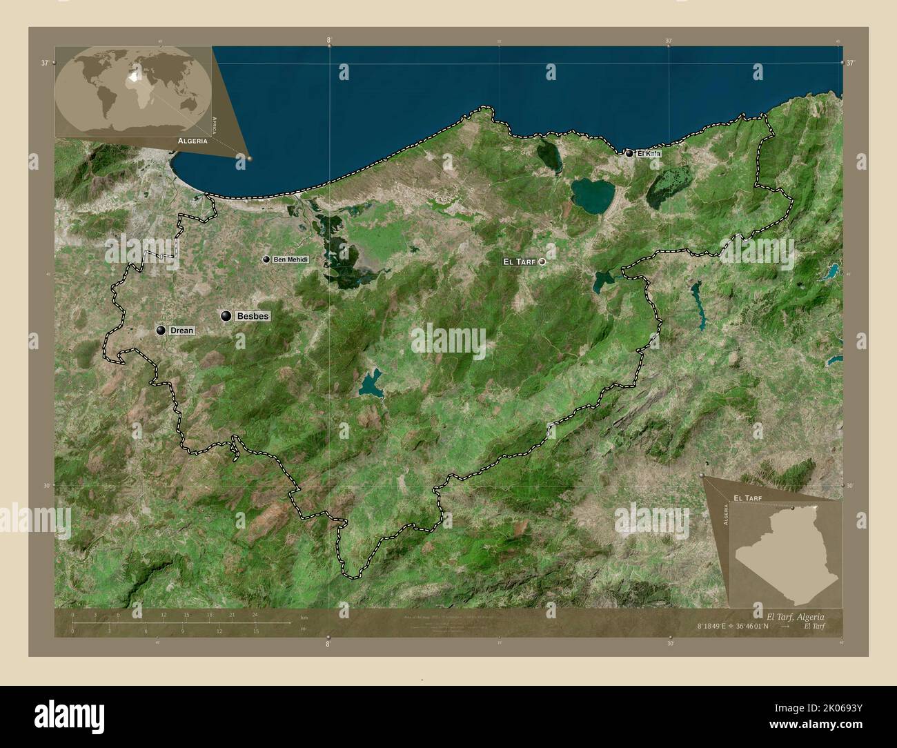 El Tarf, province d'Algérie. Carte satellite haute résolution. Lieux et ...