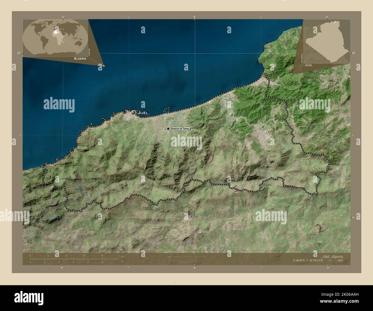 Jijel, province d'Algérie. Carte satellite haute résolution. Lieux et ...