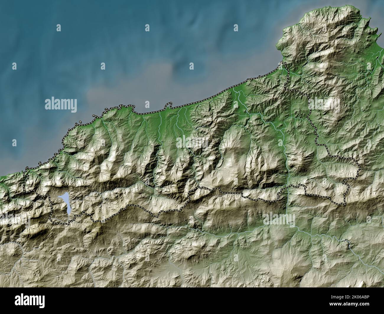 Jijel, province d'Algérie. Carte d'altitude colorée en style wiki avec ...
