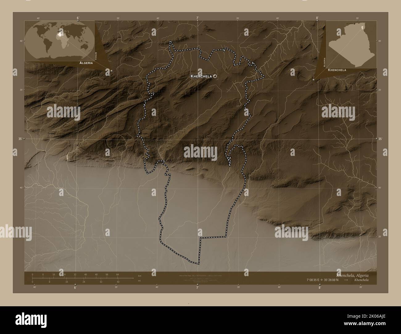 Khenchela, province d'Algérie. Carte d'altitude colorée en tons sépia ...