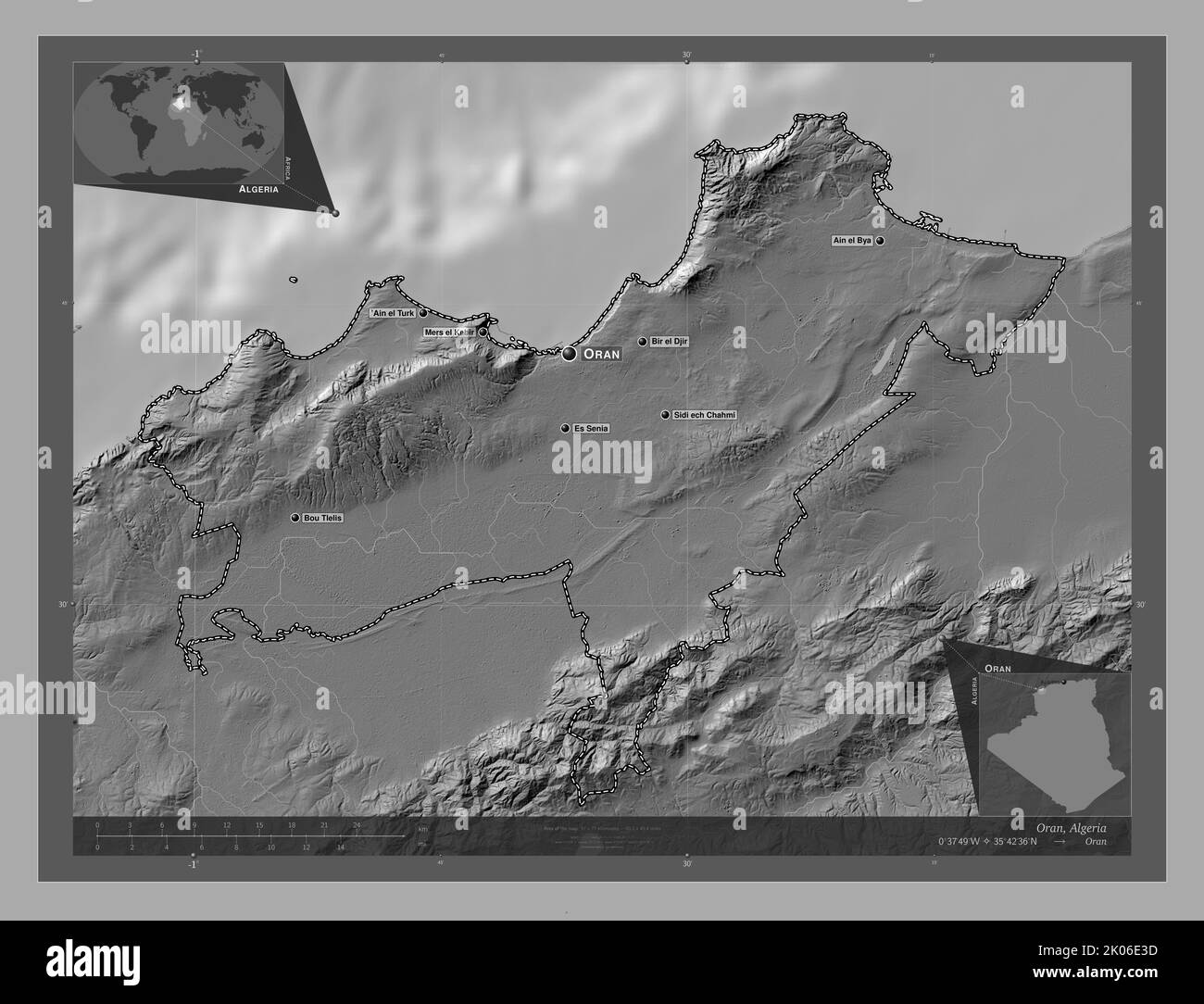 Oran, province d'Algérie. Carte d'altitude à deux niveaux avec lacs et ...