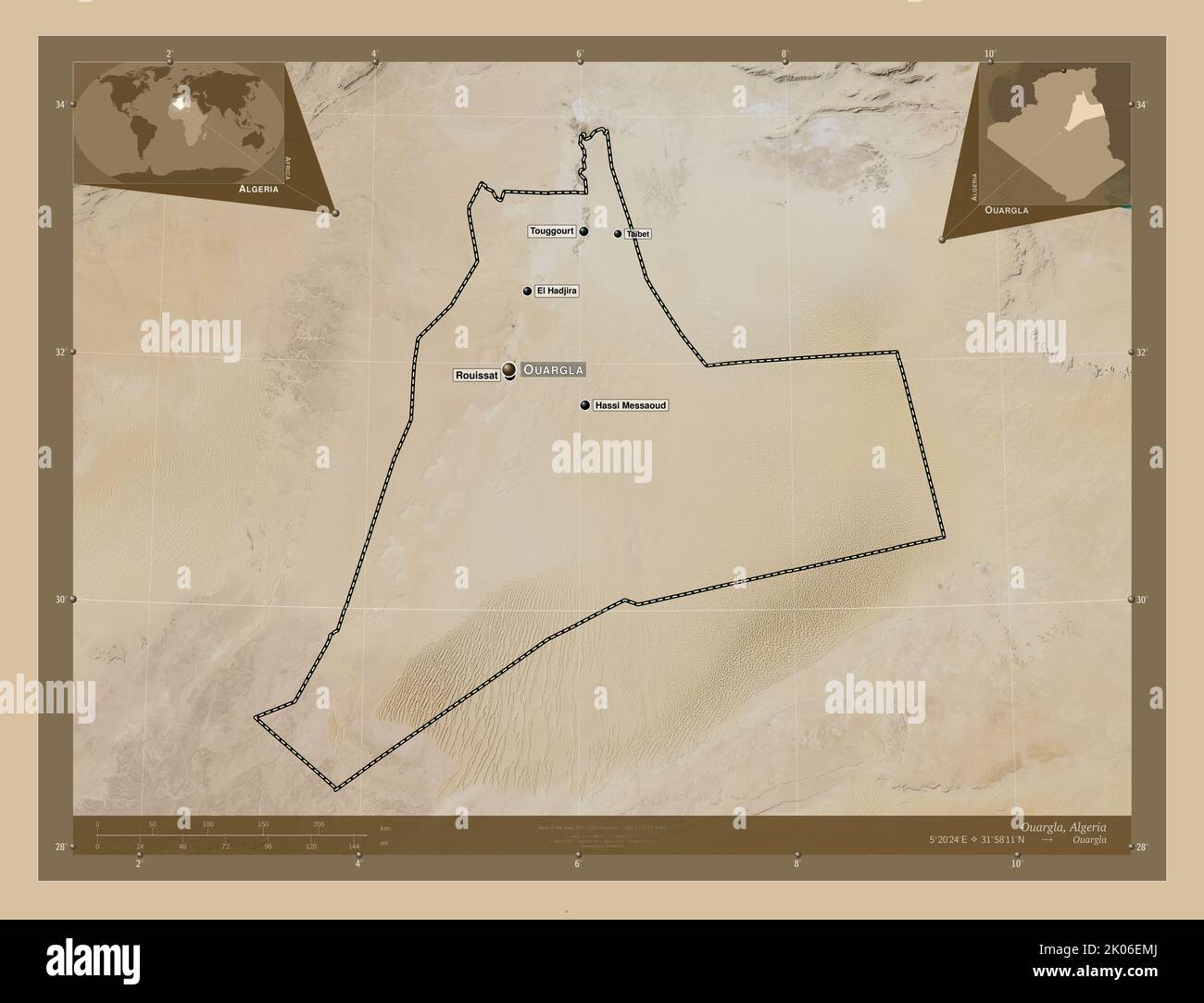 Ouargla, province d'Algérie. Carte satellite basse résolution. Lieux et ...