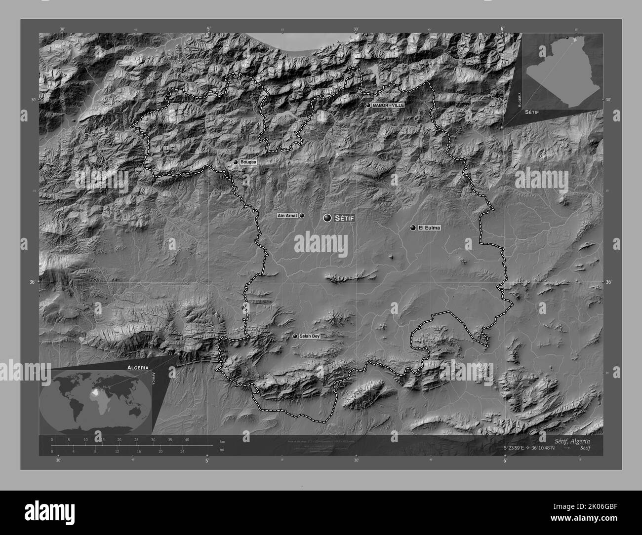 Setif, province d'Algérie. Carte d'altitude à deux niveaux avec lacs et ...