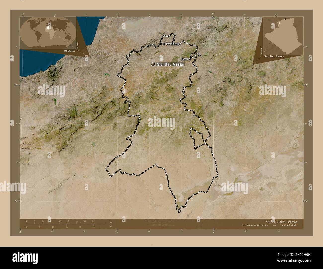 Sidi Bel Abbes, province d'Algérie. Carte satellite basse résolution ...
