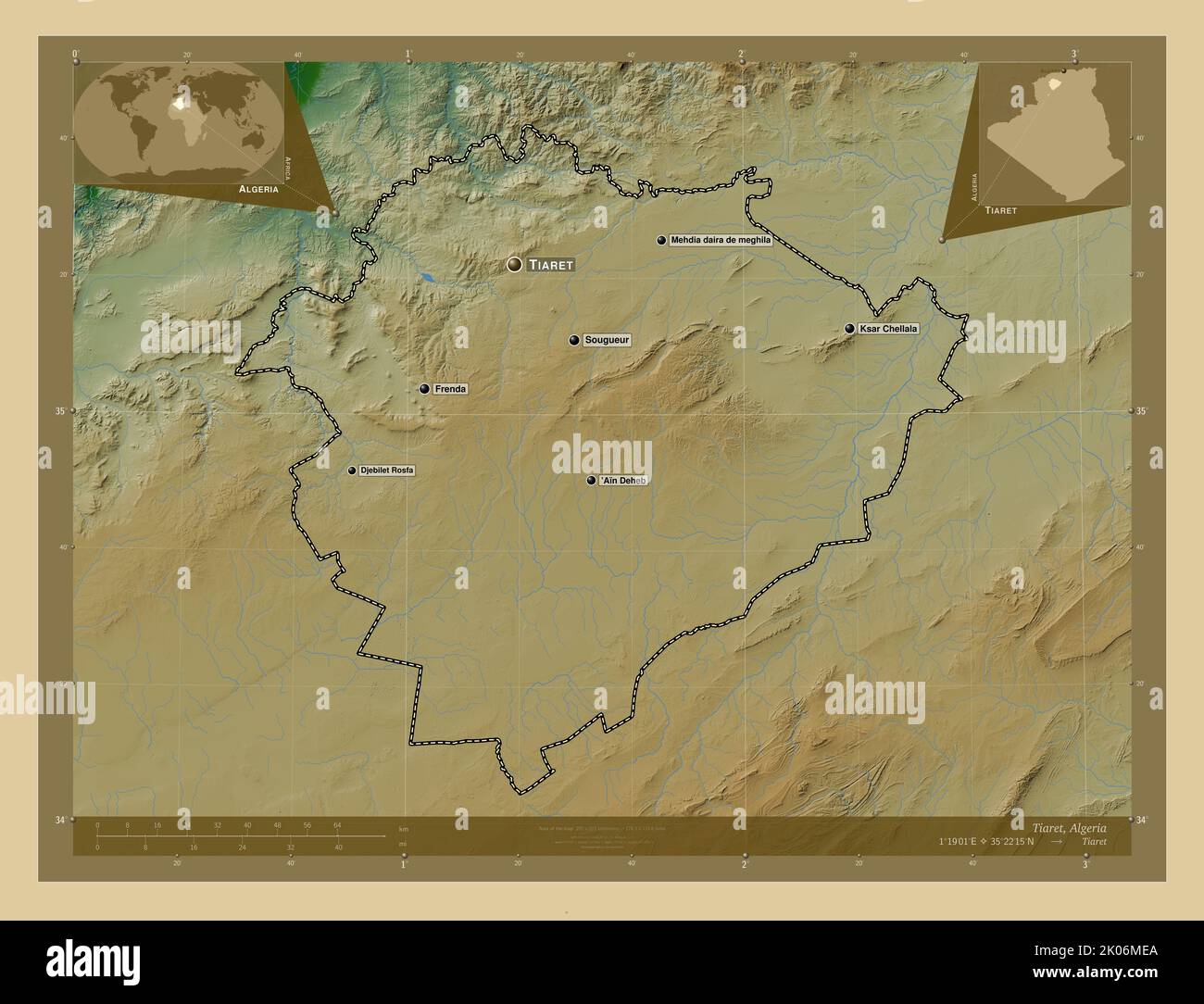 Tiaret, province d'Algérie. Carte d'altitude en couleur avec lacs et rivières. Lieux et noms des ...