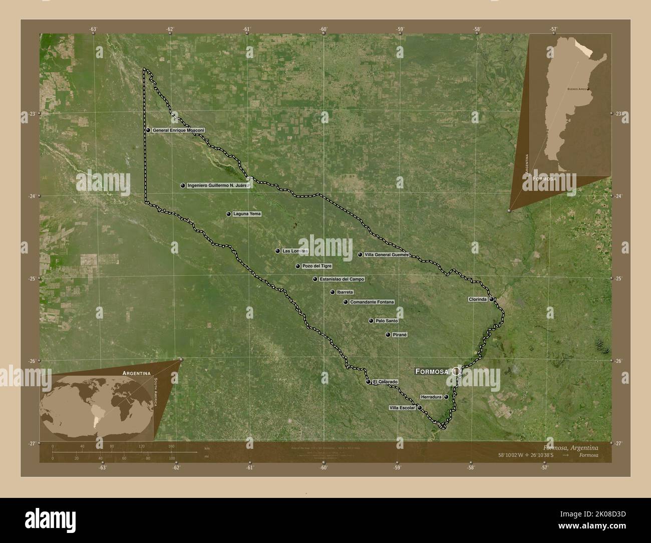 Formosa, province d'Argentine. Carte satellite basse résolution. Lieux ...