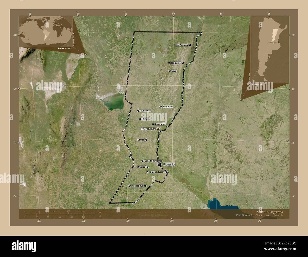 Santa Fe, province d'Argentine. Carte satellite basse résolution. Lieux ...