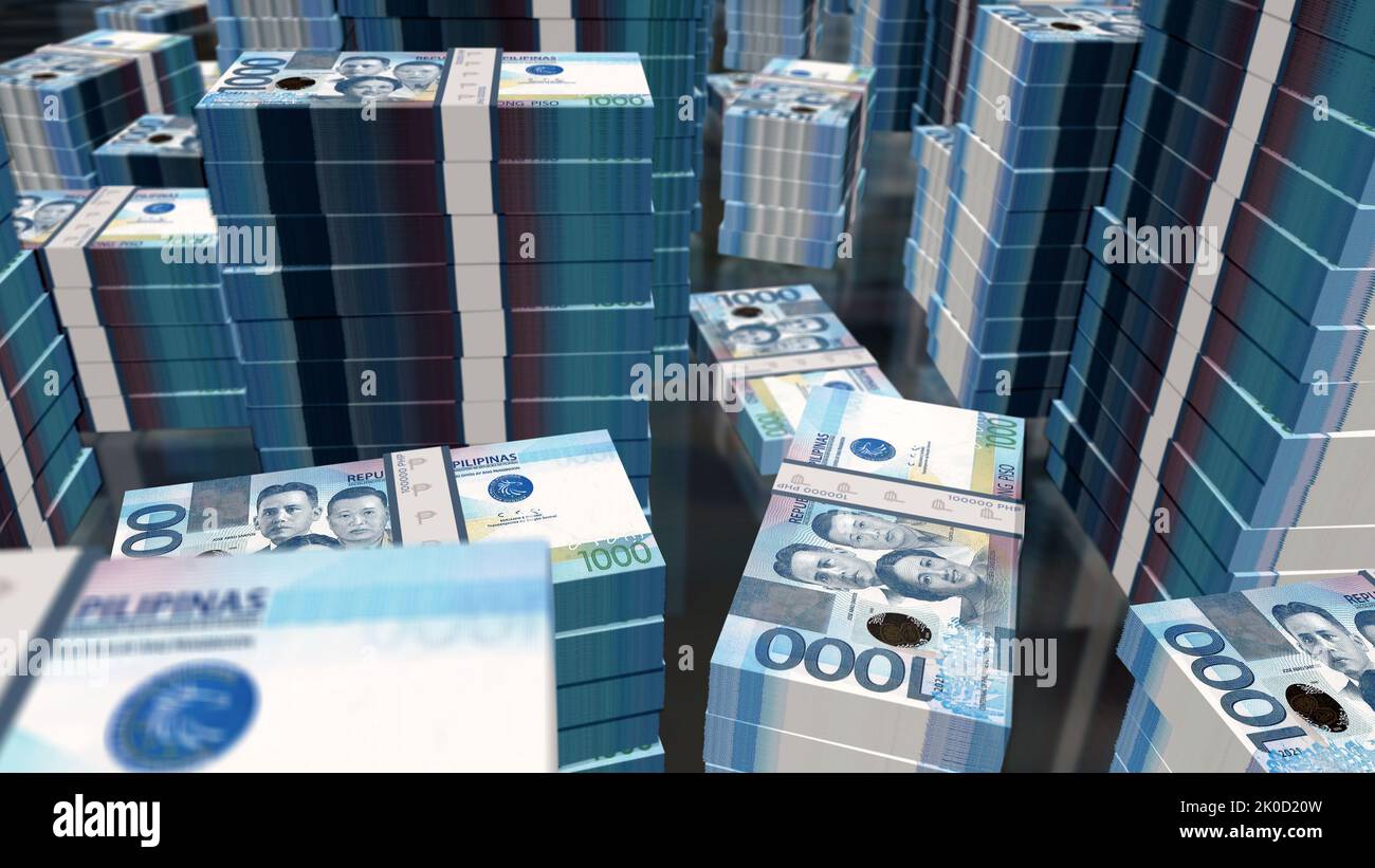 Philippines argent Philippine Peso argent pack 3D illustration. Piles de paquets PHP banknote ...