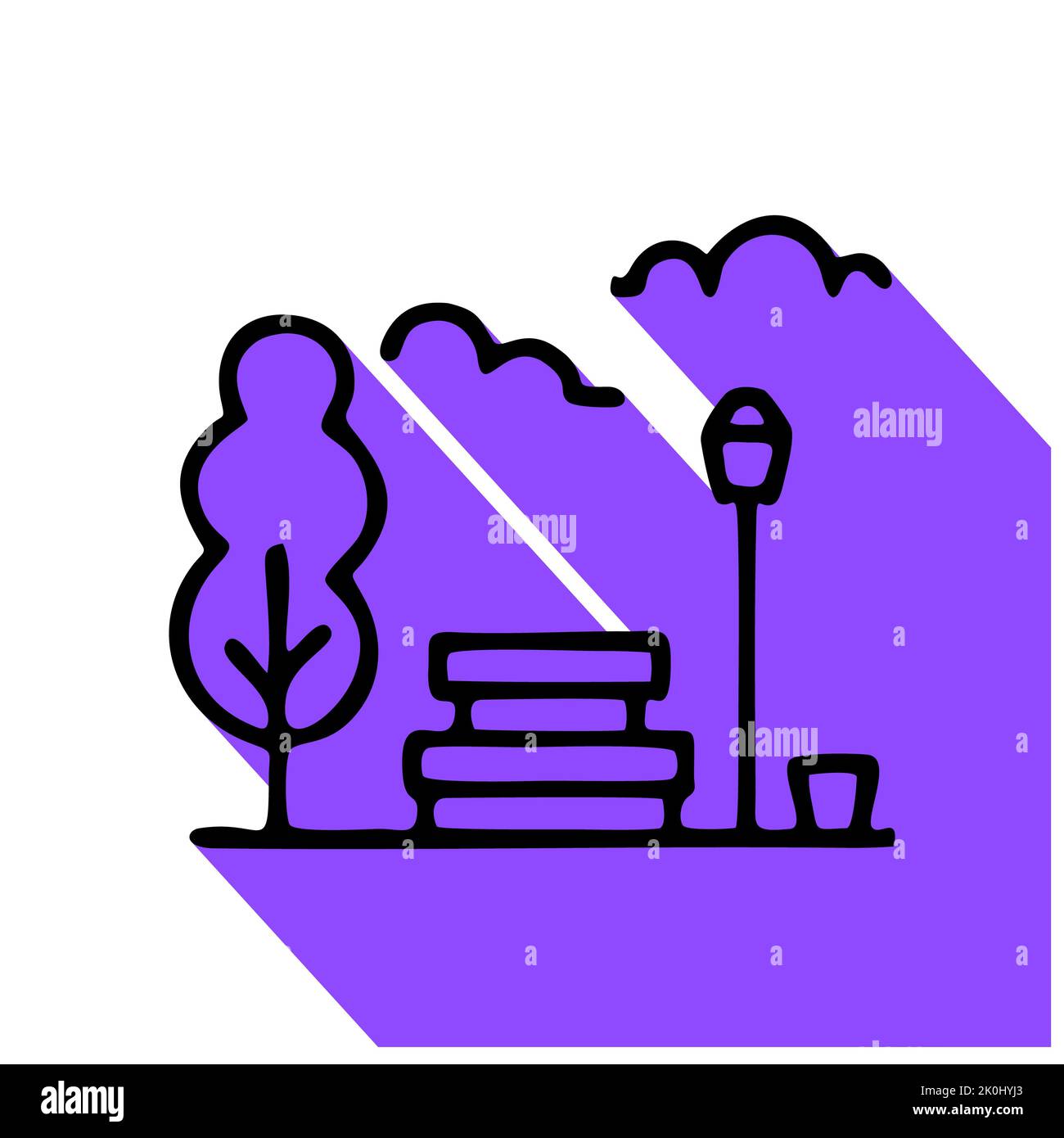 Icône de ligne plate de stationnement. Vecteur fin signe de banc, arbre ...