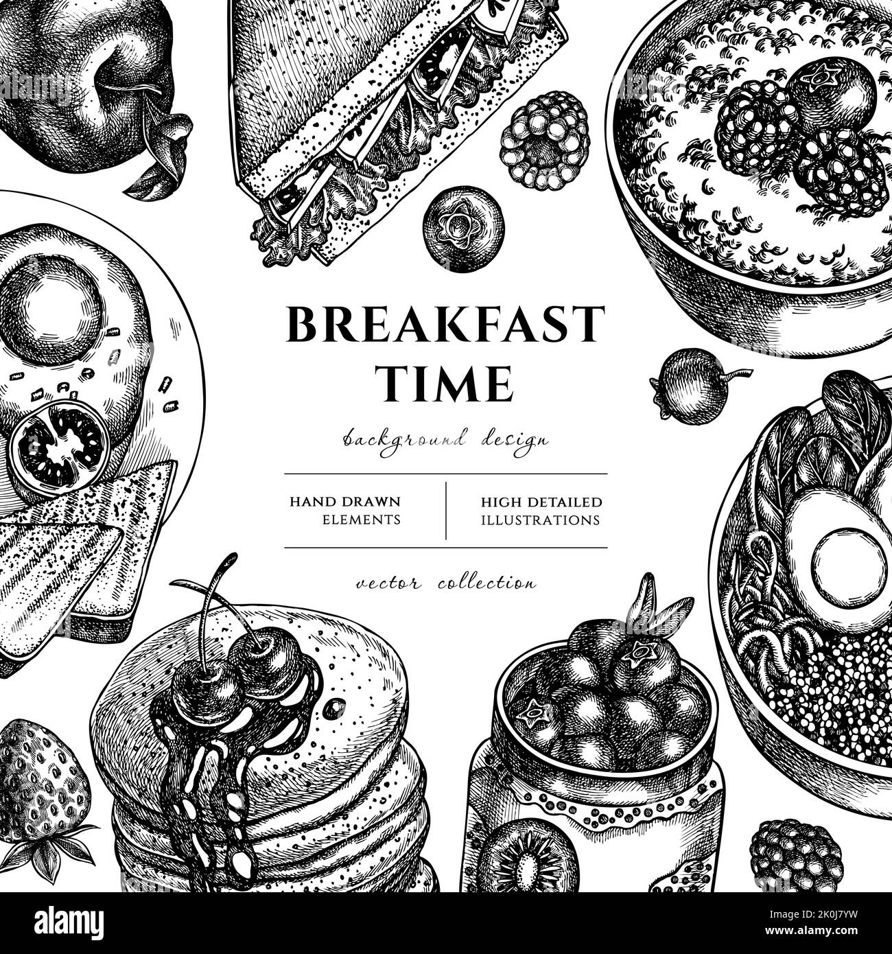 Petit déjeuner dessin d'illustration. Arrière-plan avec sandwich à l ...