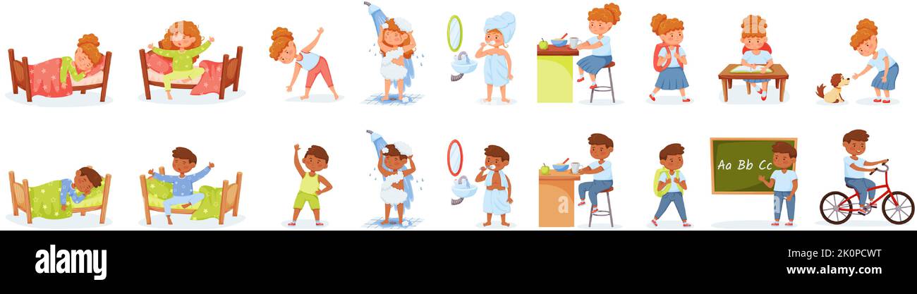 Routine quotidienne pour les enfants. Fille et garçon ayant des ...