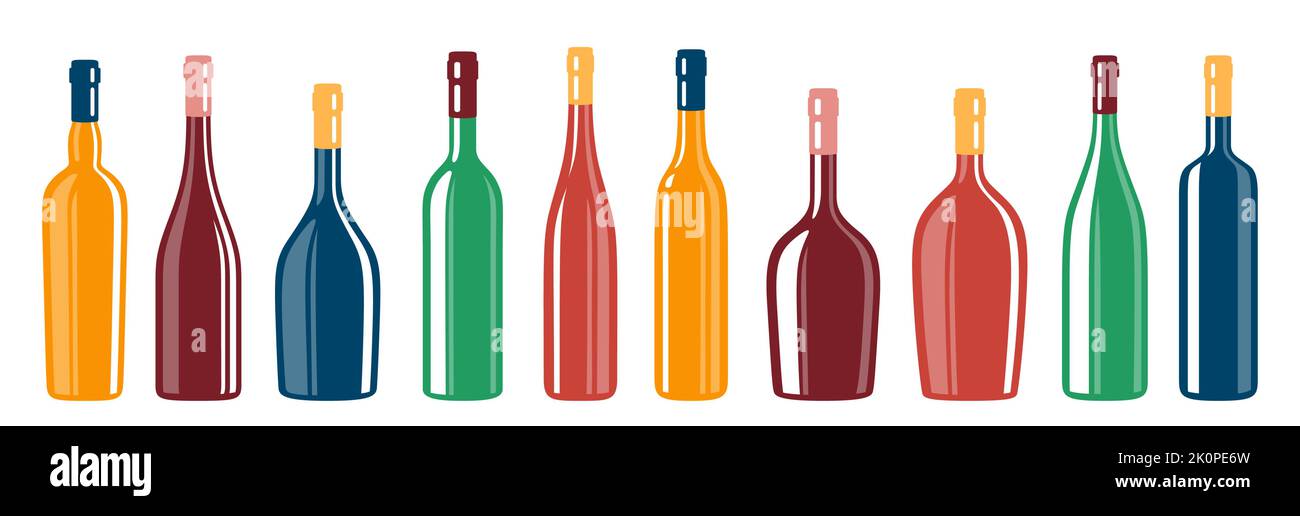 Ensemble de bouteilles de vin de différentes formes. Divers types ...