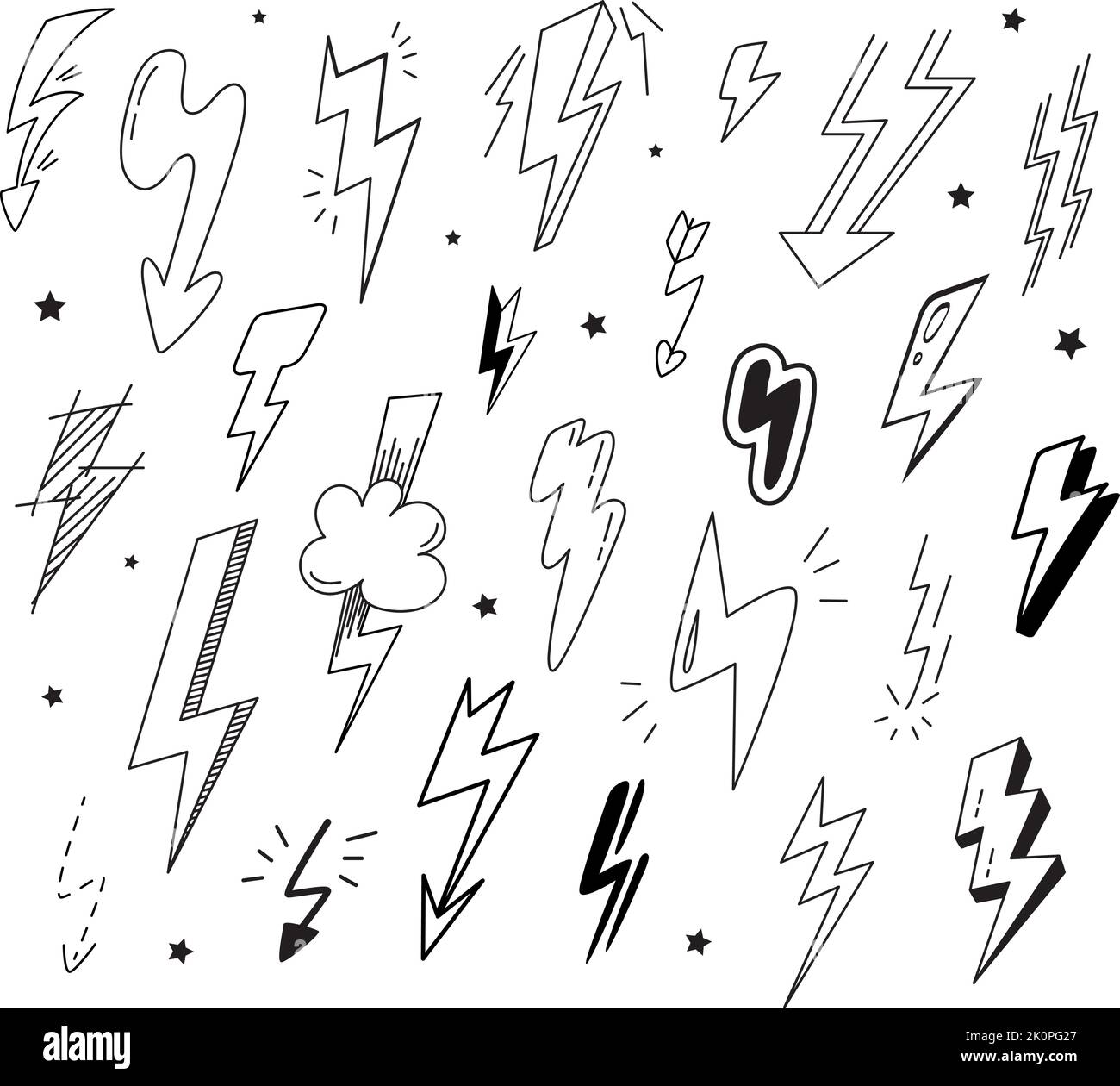 Jeu de flash Doodle, bandes dessinées à l'enliseur. Symboles d'éclairs ...