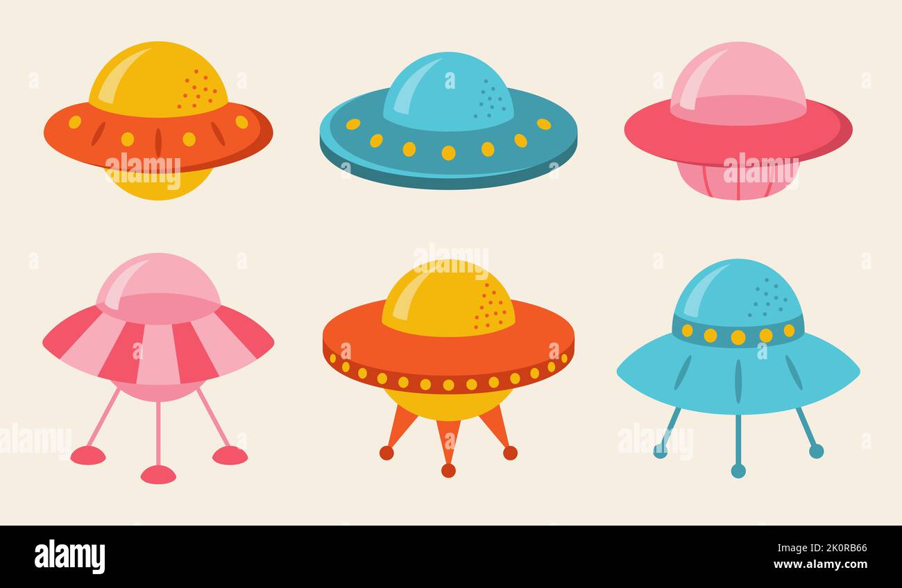 Collection de mignons soucoupes volantes plates pour enfants. Vaisseaux ...