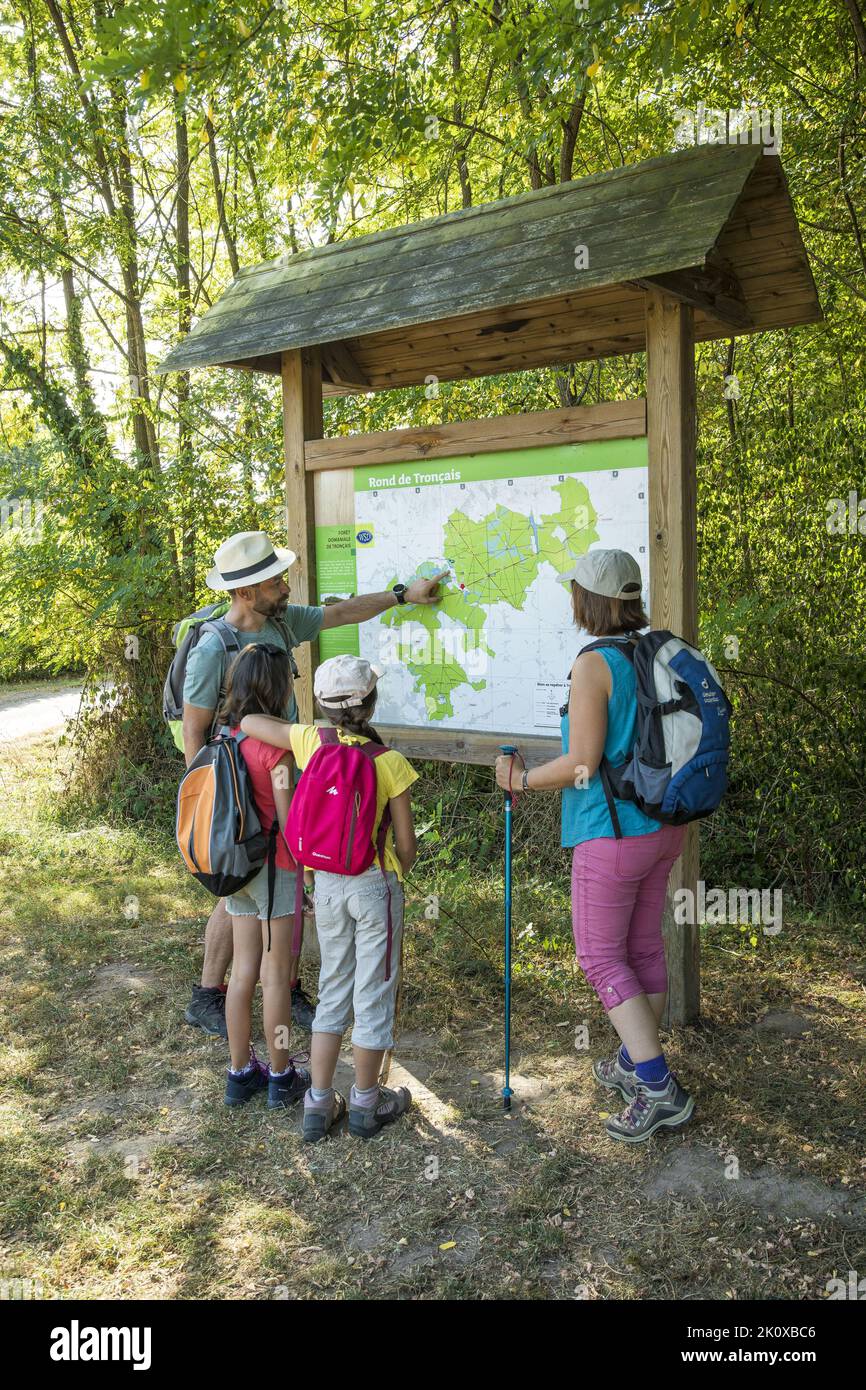 France. Auvergne. Allier (03). Promenade en famille dans la forêt de ...
