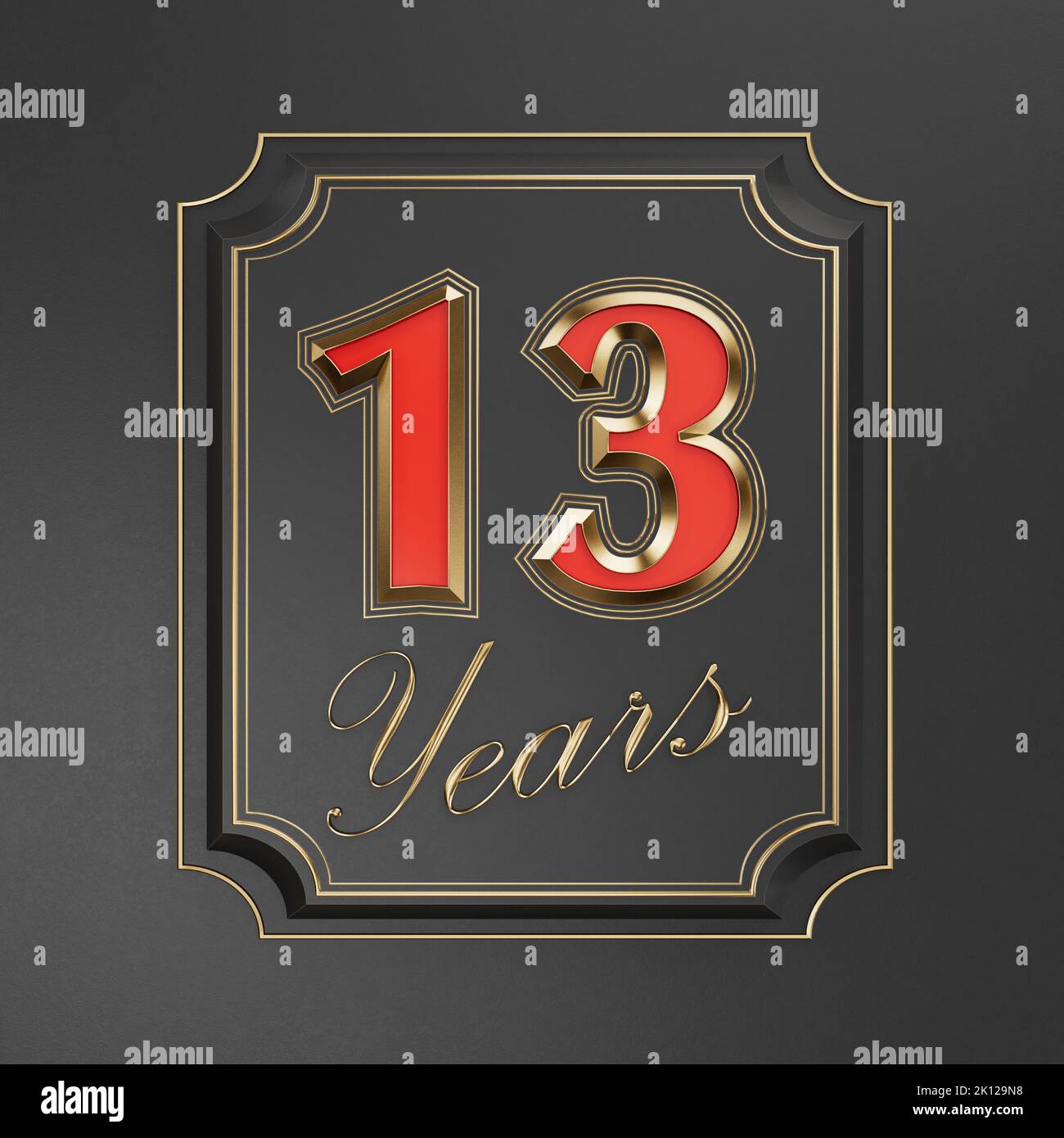 Inscription rouge treize ans (13 ans) avec bords dorés sur fond sombre ...