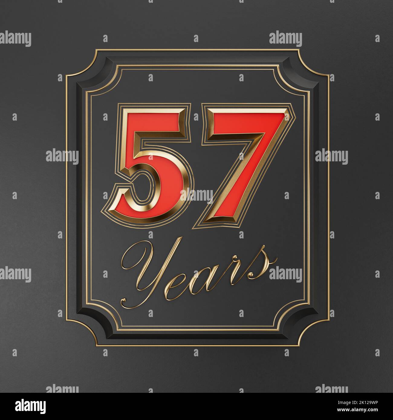 Inscription rouge cinquante-sept ans (57 ans) avec bords dorés sur fond ...