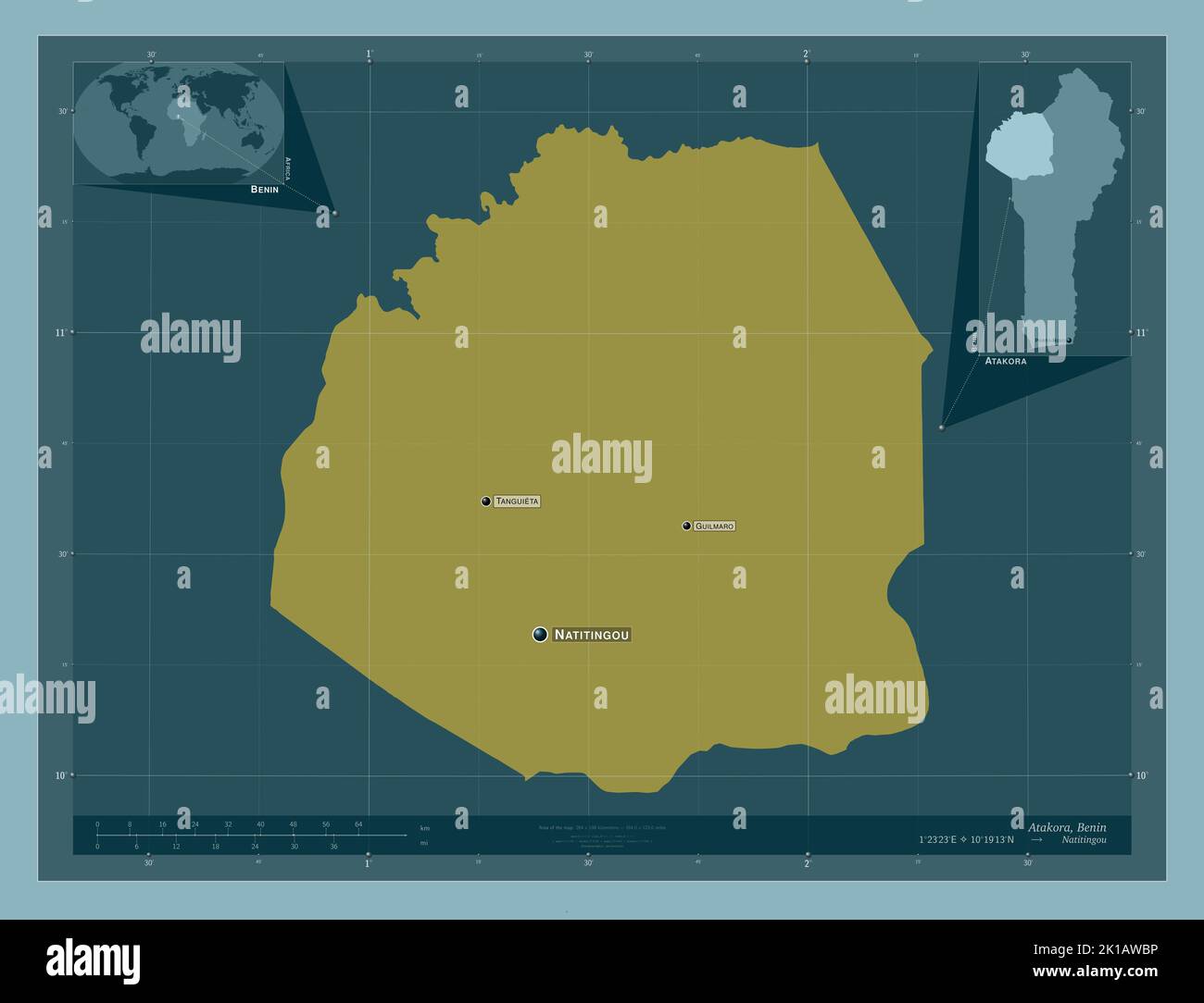 Atakora, département du Bénin. Forme de couleur unie. Lieux et noms des ...