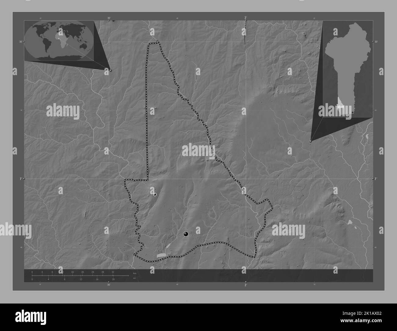 Kouffo, département du Bénin. Carte d'altitude à deux niveaux avec lacs et rivières. Lieux des ...