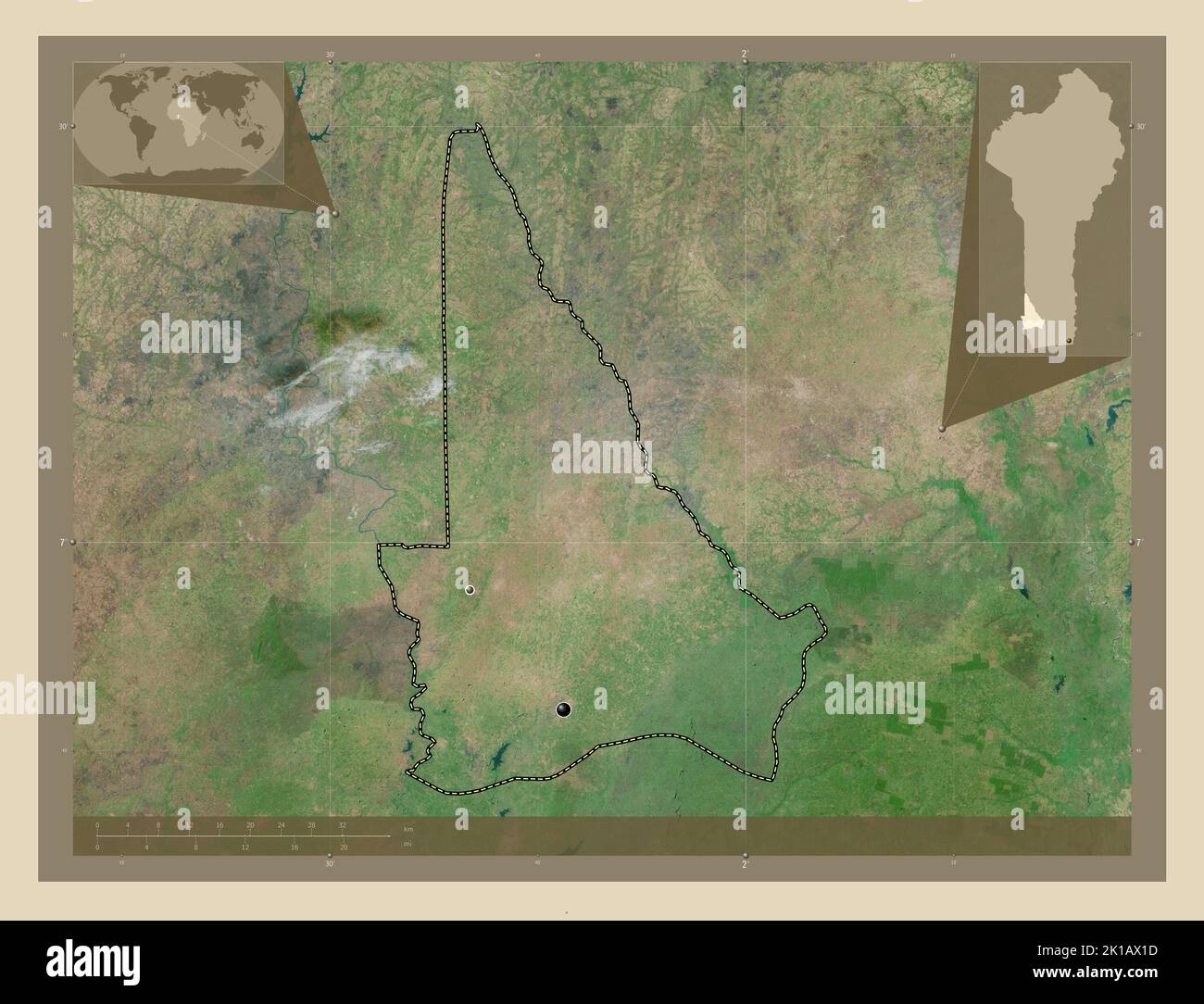 Kouffo, département du Bénin. Carte satellite haute résolution. Lieux des principales villes de ...
