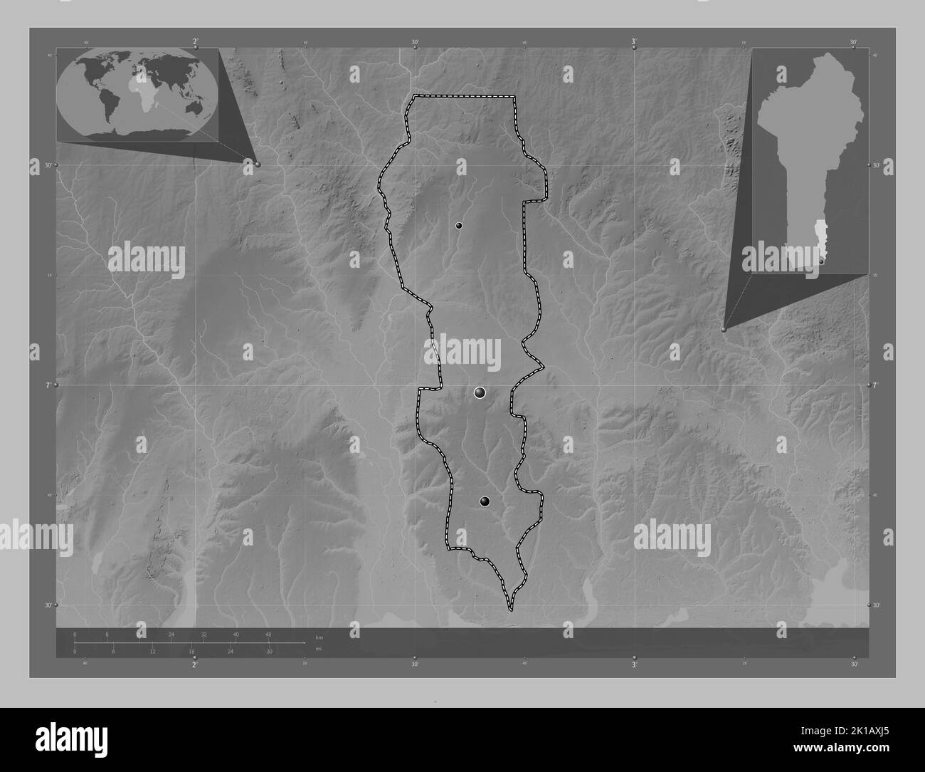 Plateau, département du Bénin. Carte d'altitude en niveaux de gris avec ...