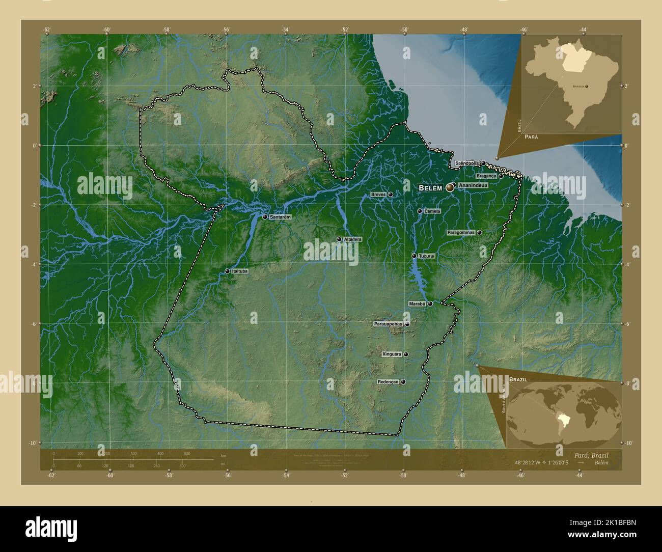 Para, État du Brésil. Carte d'altitude en couleur avec lacs et rivières ...