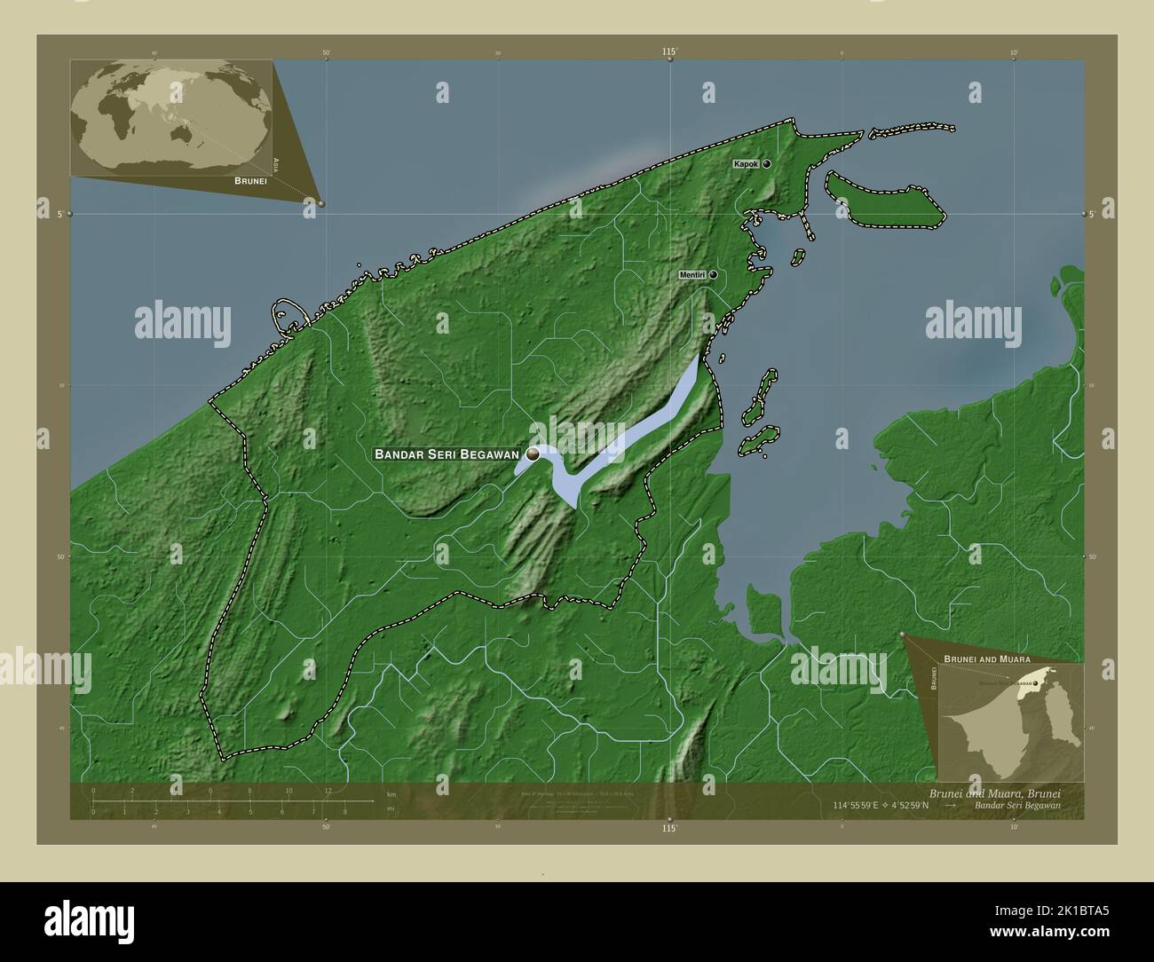 Brunei et Muara, district de Brunei. Carte d'altitude colorée en style ...