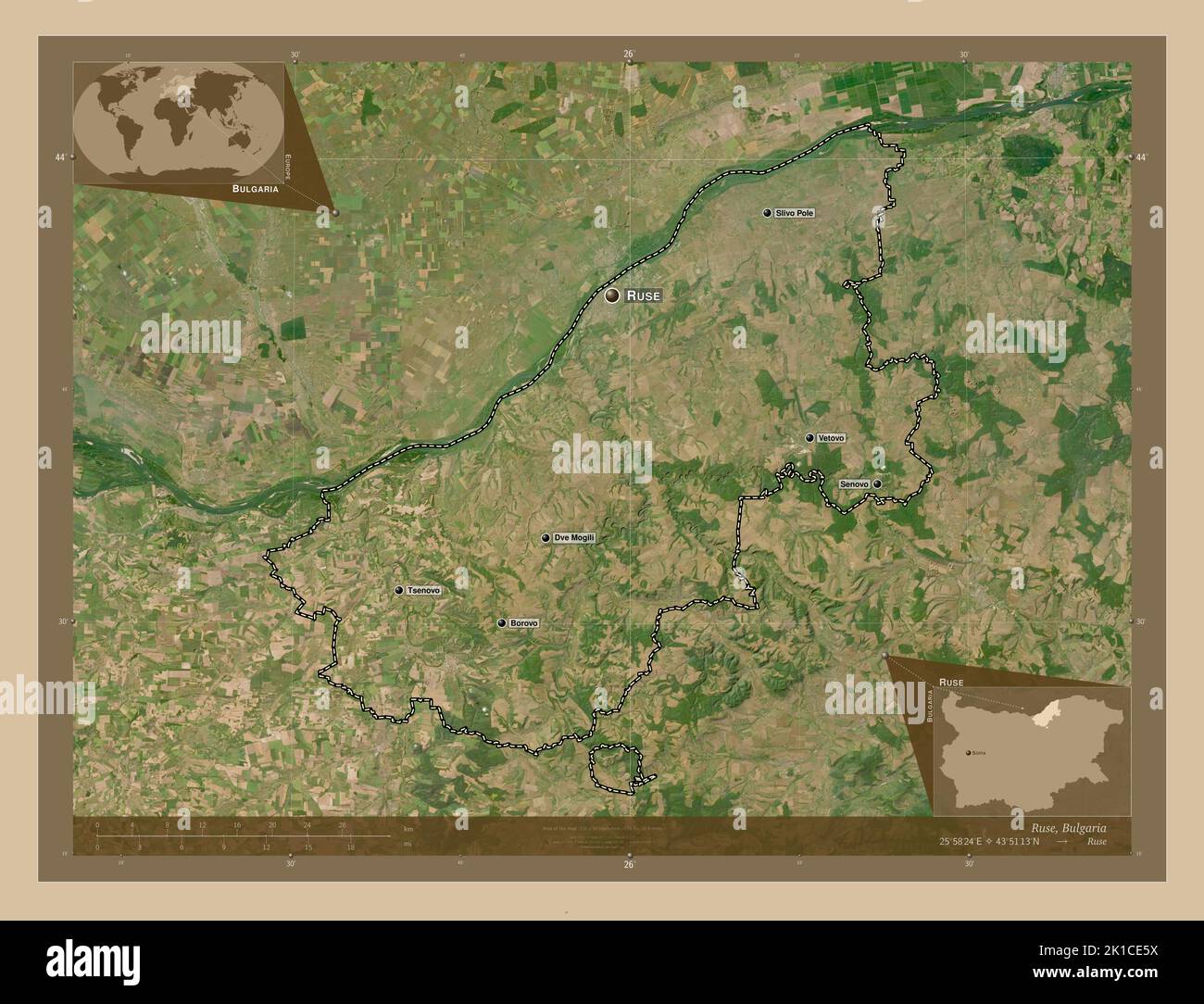 Ruse, province de Bulgarie. Carte satellite basse résolution. Lieux et ...