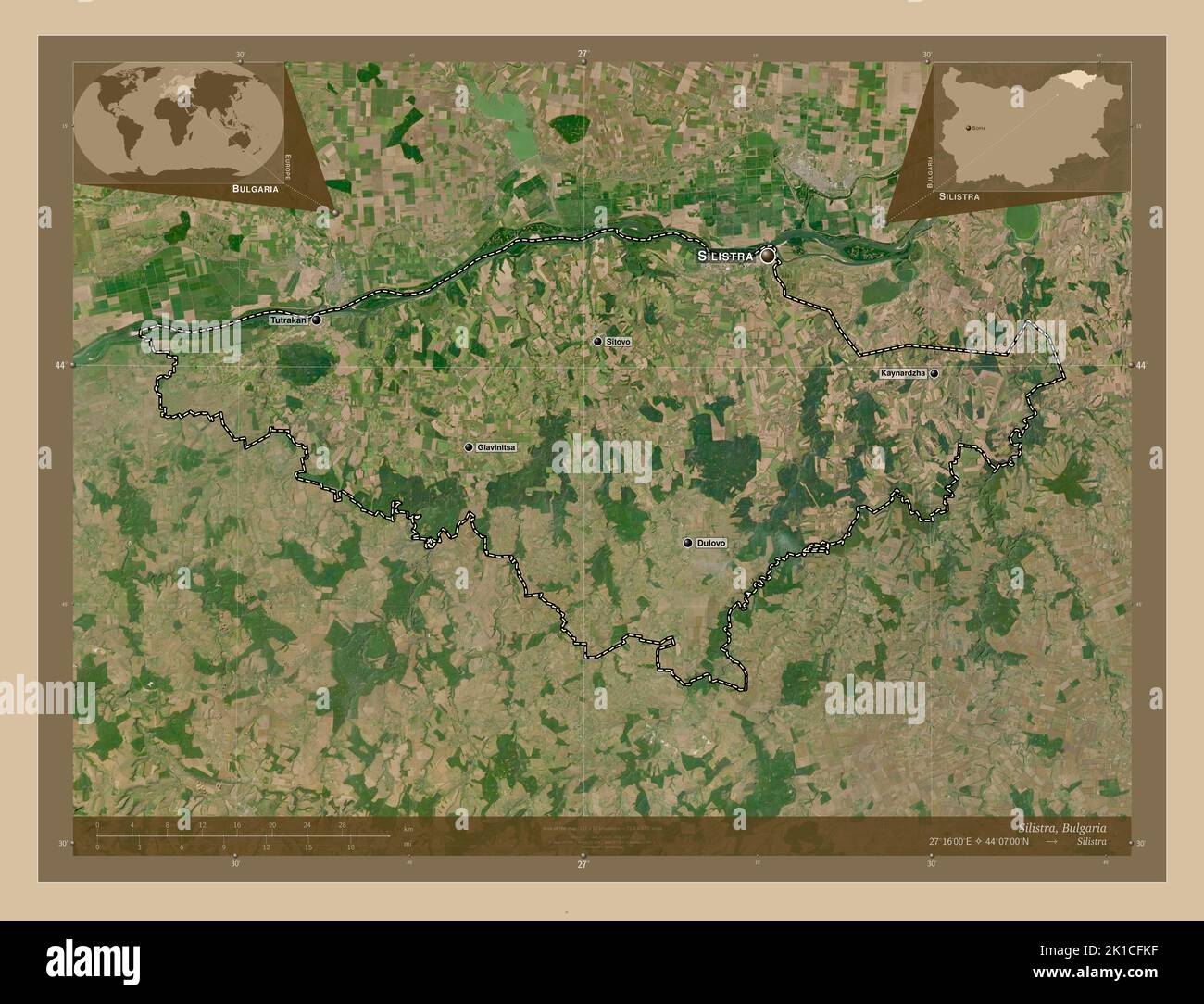 Silistra, province de Bulgarie. Carte satellite basse résolution. Lieux ...