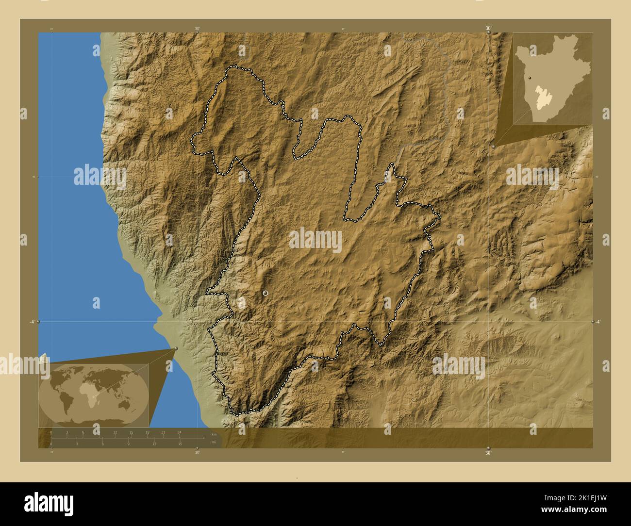 Bururi, province du Burundi. Carte d'altitude en couleur avec lacs et ...