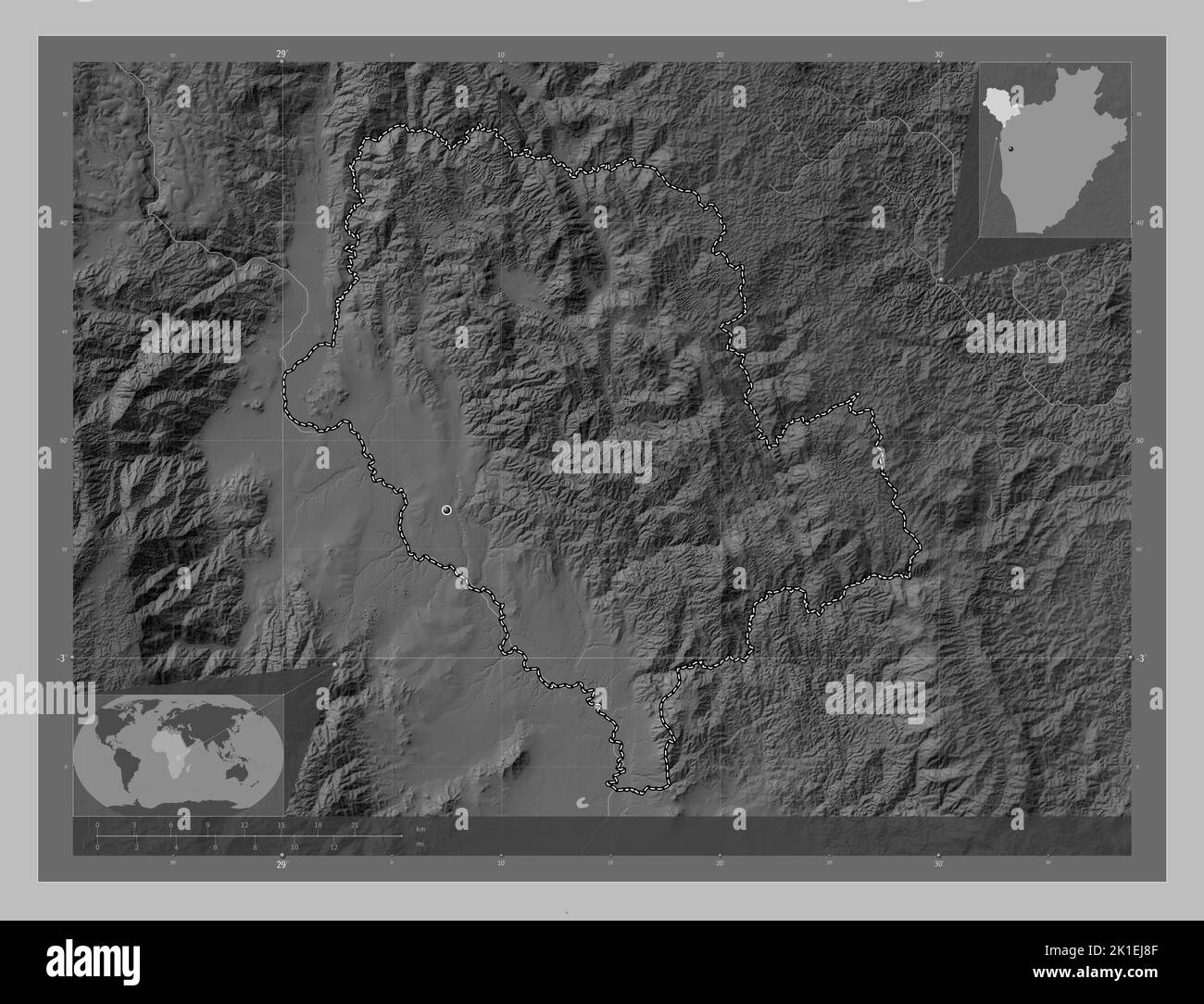 Cibitoke, province du Burundi. Carte d'altitude en niveaux de gris avec ...
