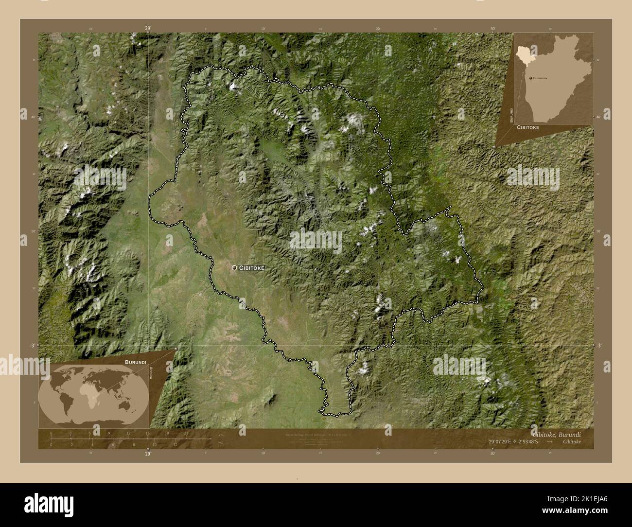 Cibitoke, province du Burundi. Carte satellite basse résolution. Lieux ...