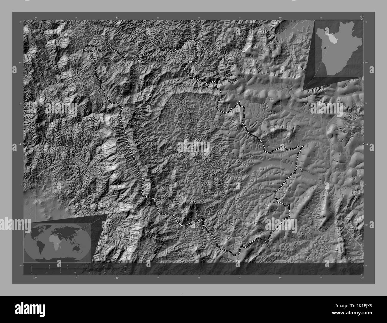 Kayanza, province du Burundi. Carte d'altitude à deux niveaux avec lacs ...