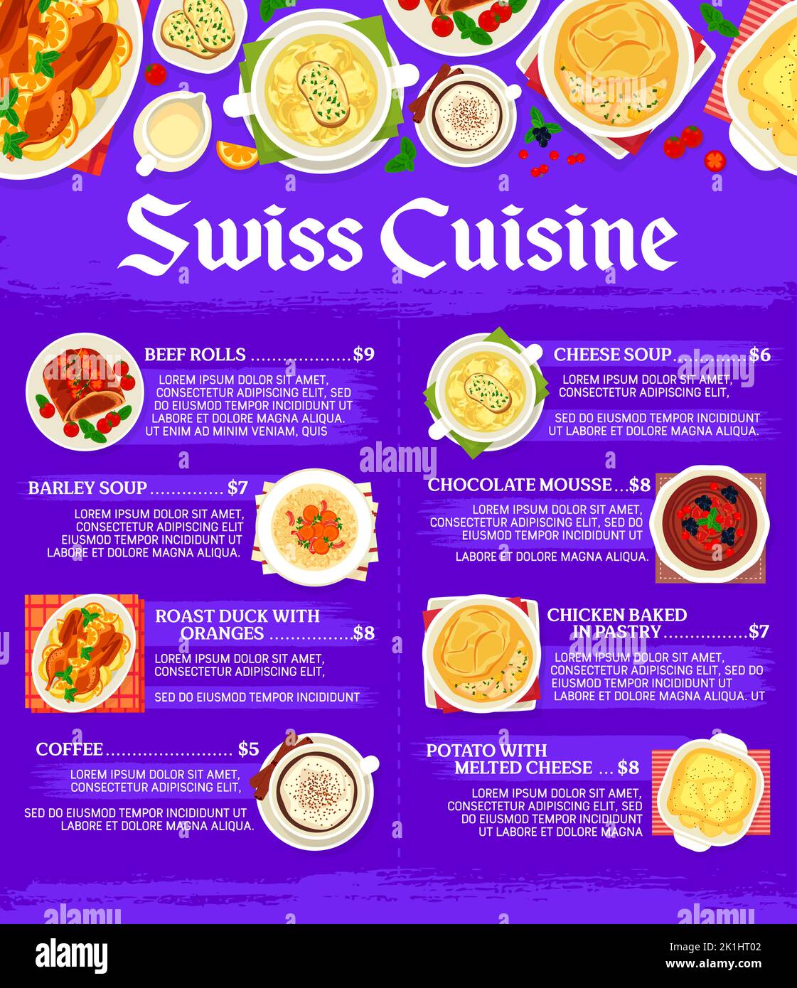 Modèle de page de menu de cuisine suisse. Soupe à l'orge, soupe au ...