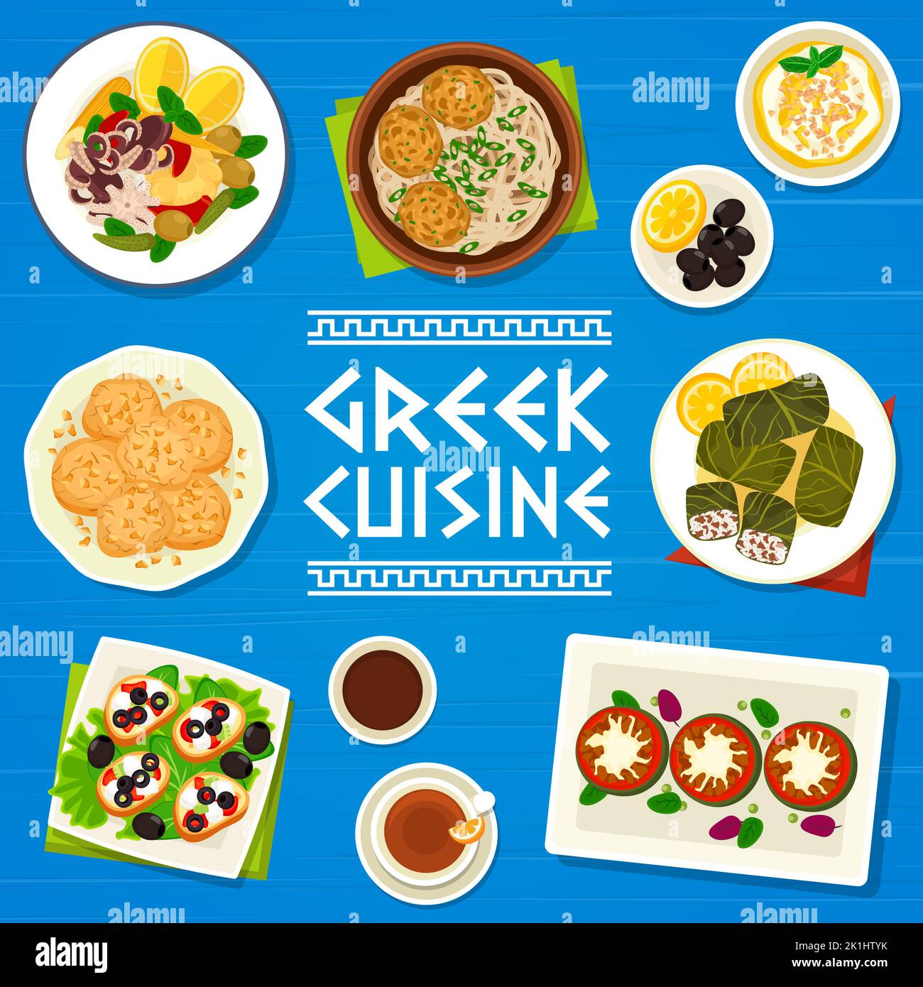 Couverture du menu vectoriel de cuisine grecque. Spaghetti aux kéftédes ...