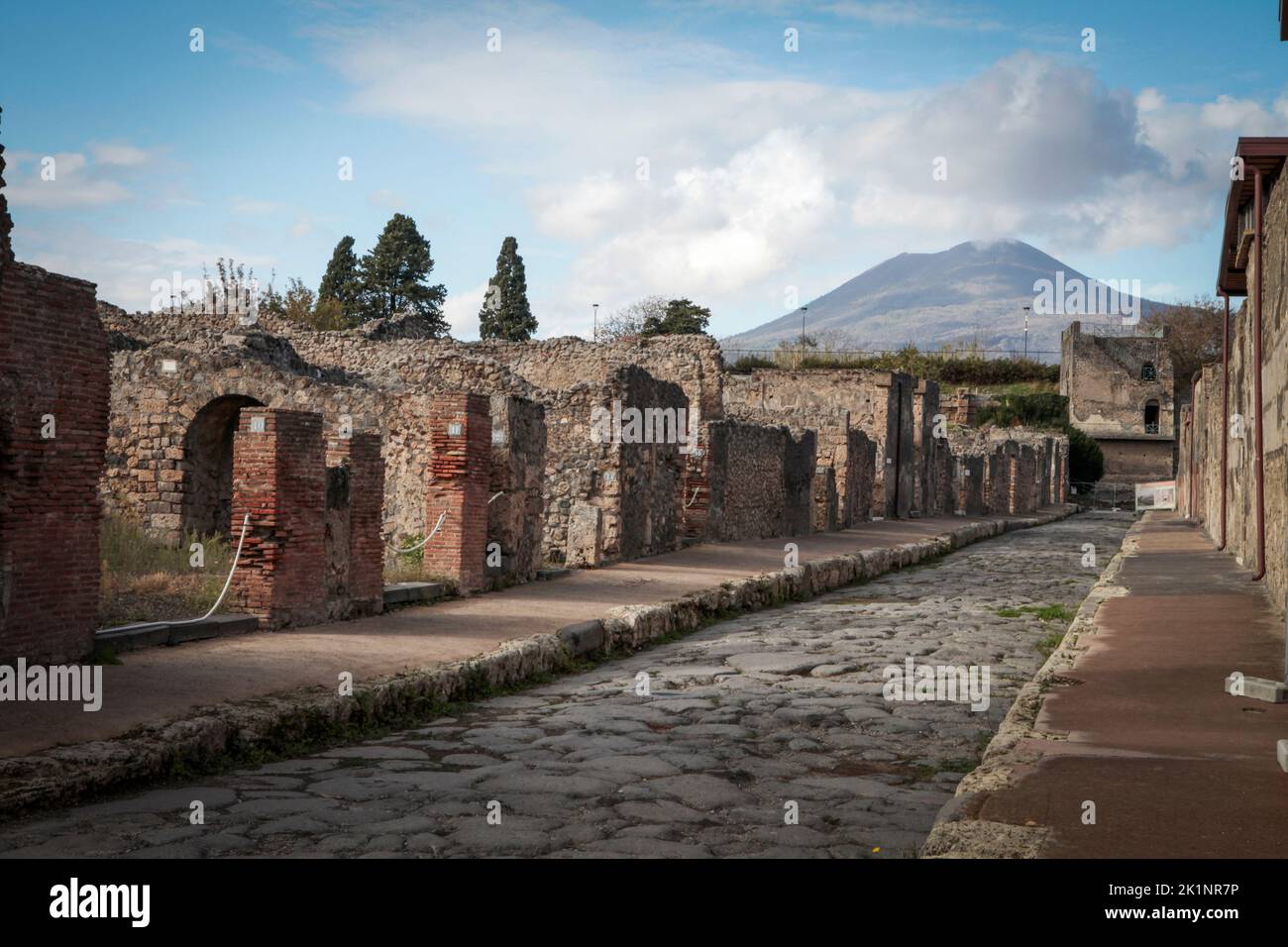 Le mont Vésuve domine le parc archéologique / la ville de Pompéi, site ...