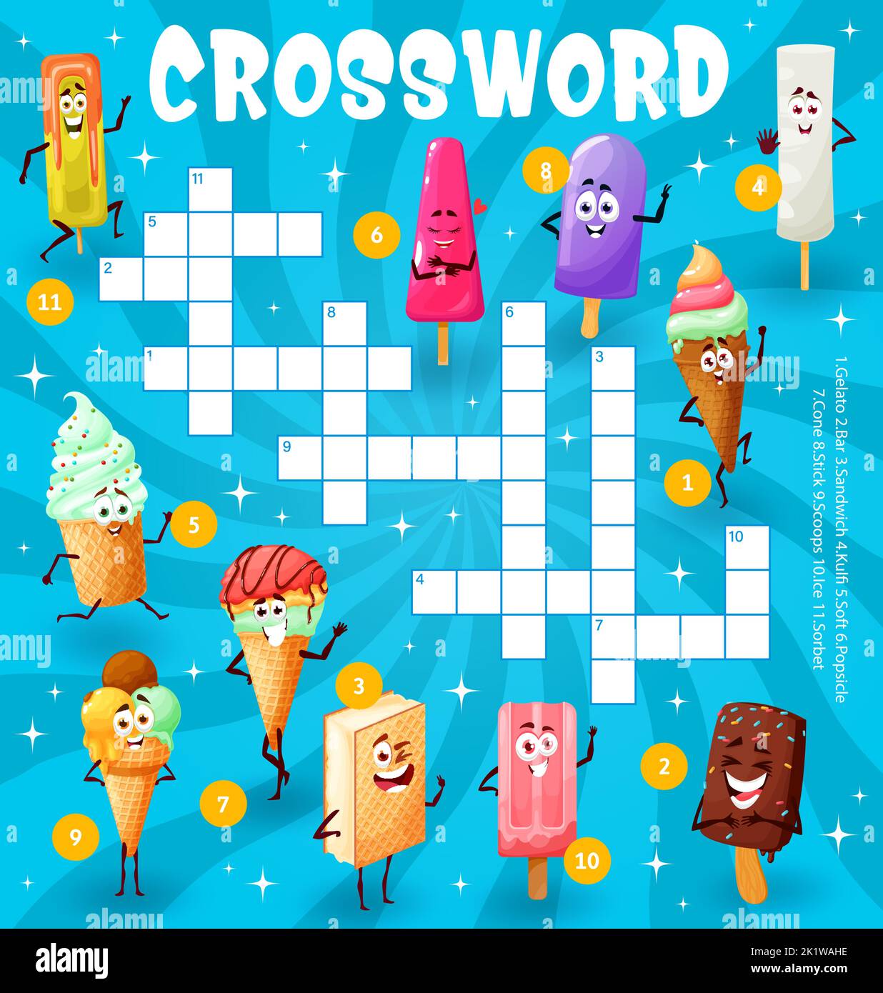 Feuille de travail de mots croisés de personnages de glace de dessin animé, trouver un jeu de ...