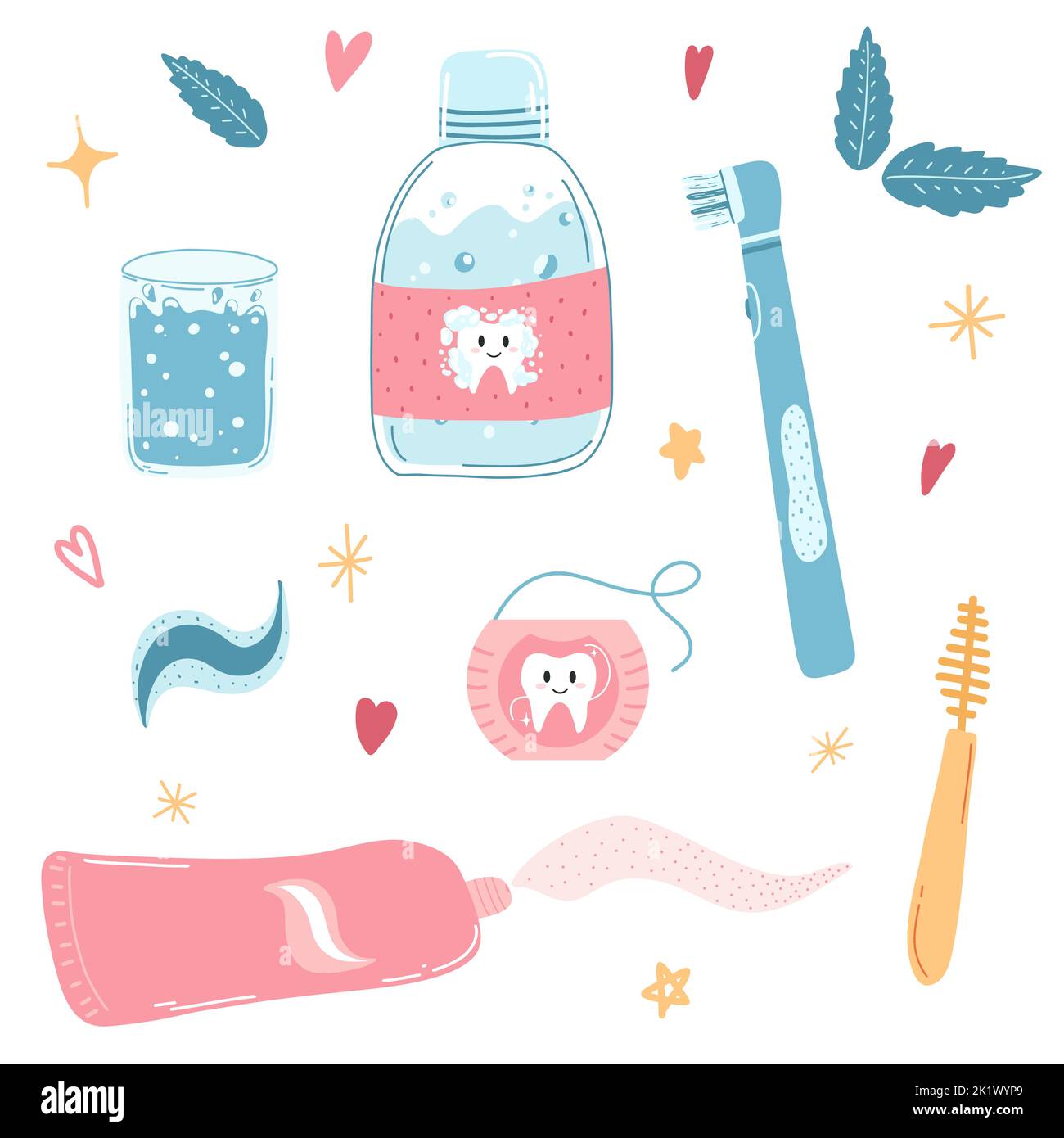 Articles de soins dentaires dessinés à la main dans un style de dessin ...