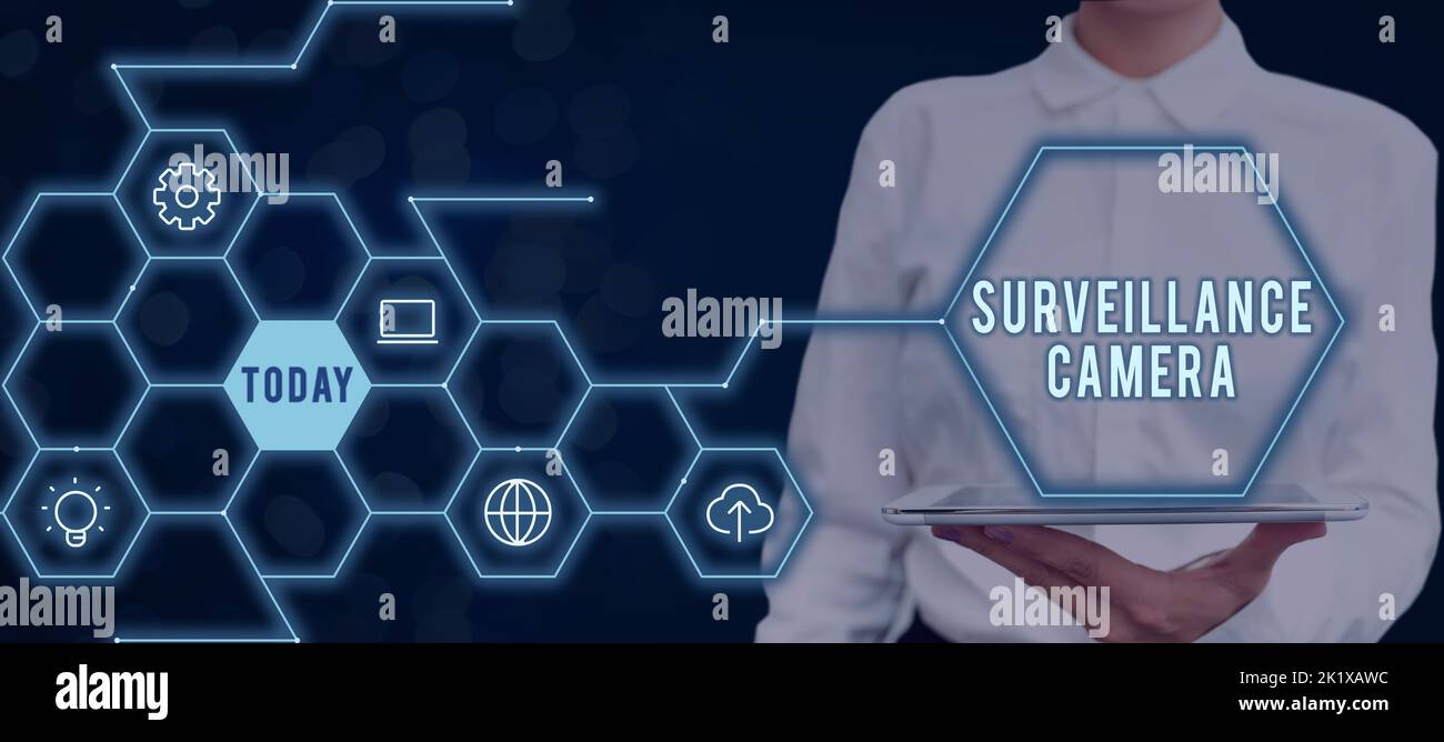 Légende de la présentation de la caméra de surveillance. Mot écrit sur le signal de transmission ...
