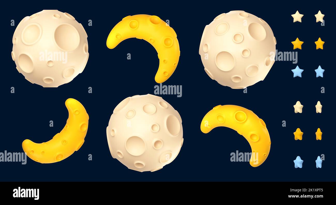 Pleine lune et croissant dans différentes positions, étoiles tournant ...
