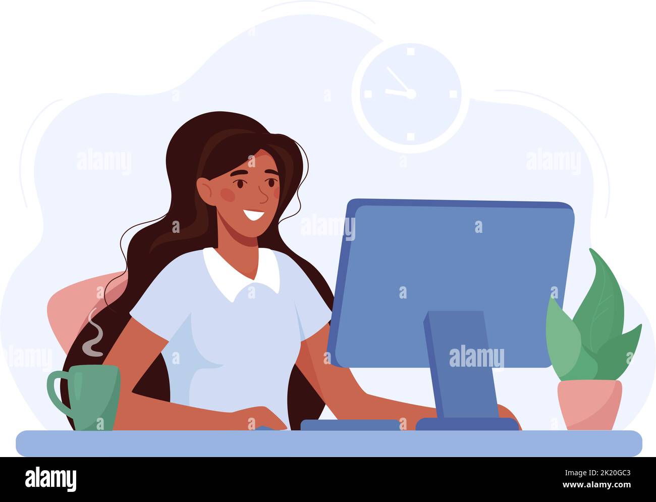 Une fille afro-américaine travaille au bureau et gagne de l'argent. Un employé travaille sur un ...