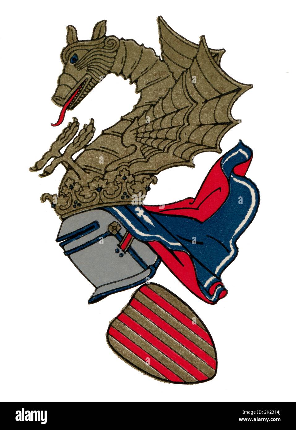 Figuras heráldicas. Armas de la casa de Aragón timbradas con yelmo y ...