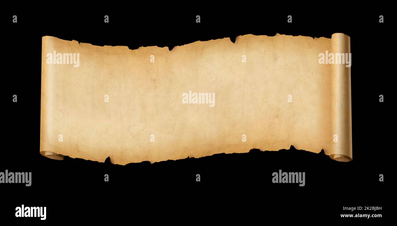 Ancienne banderole horizontale papier. Rouleau parchemin isolé sur noir ...