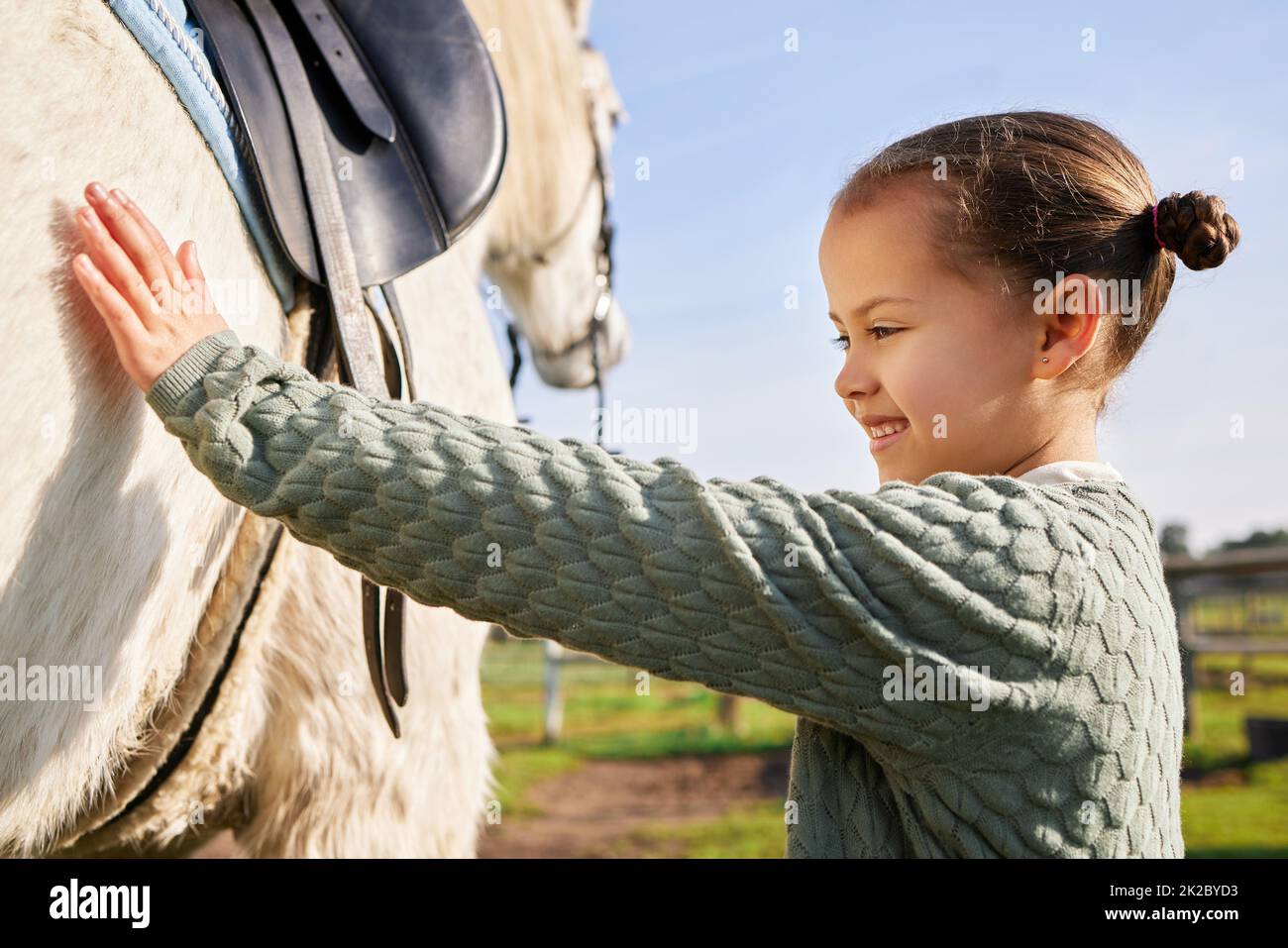 Une jeune rider et son cheval. Coupe courte d'une adorable jeune fille ...