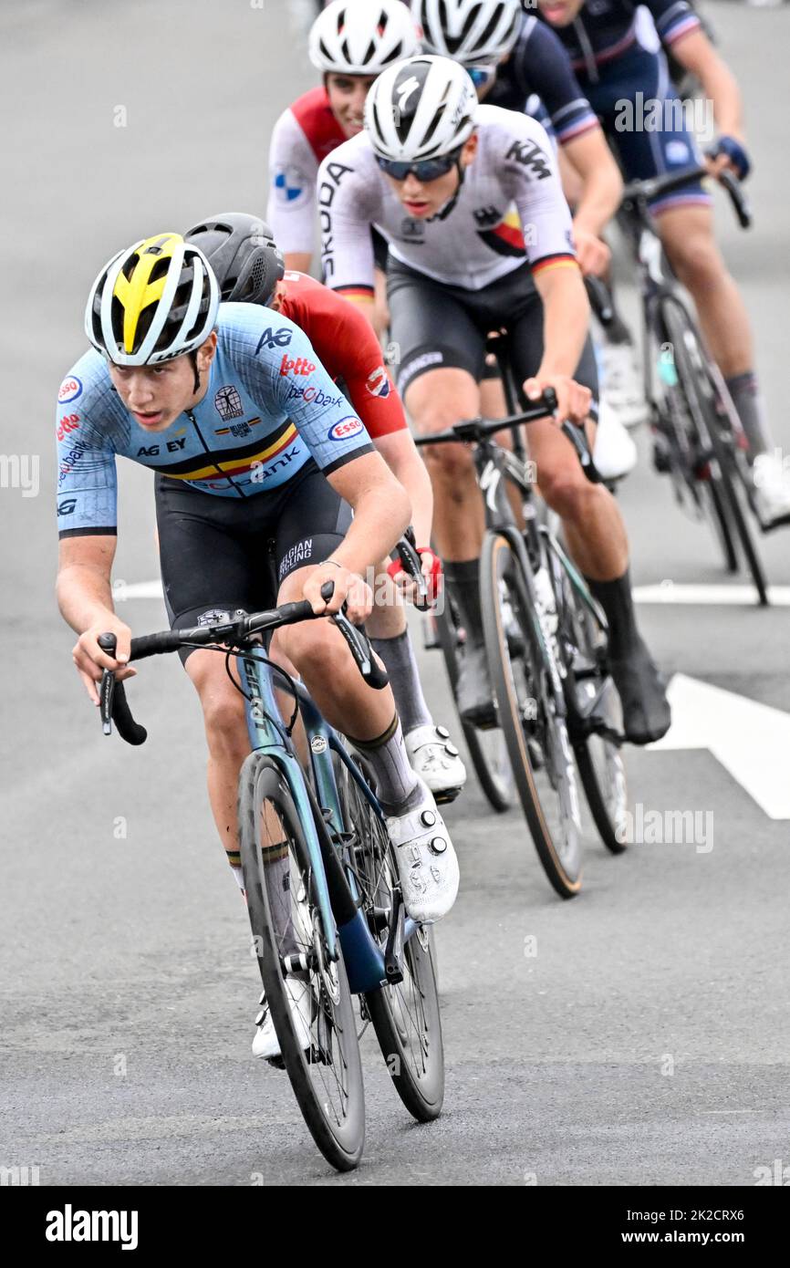 Belgian Vlad Van Mechelen pictured in action during the Junior men road ...
