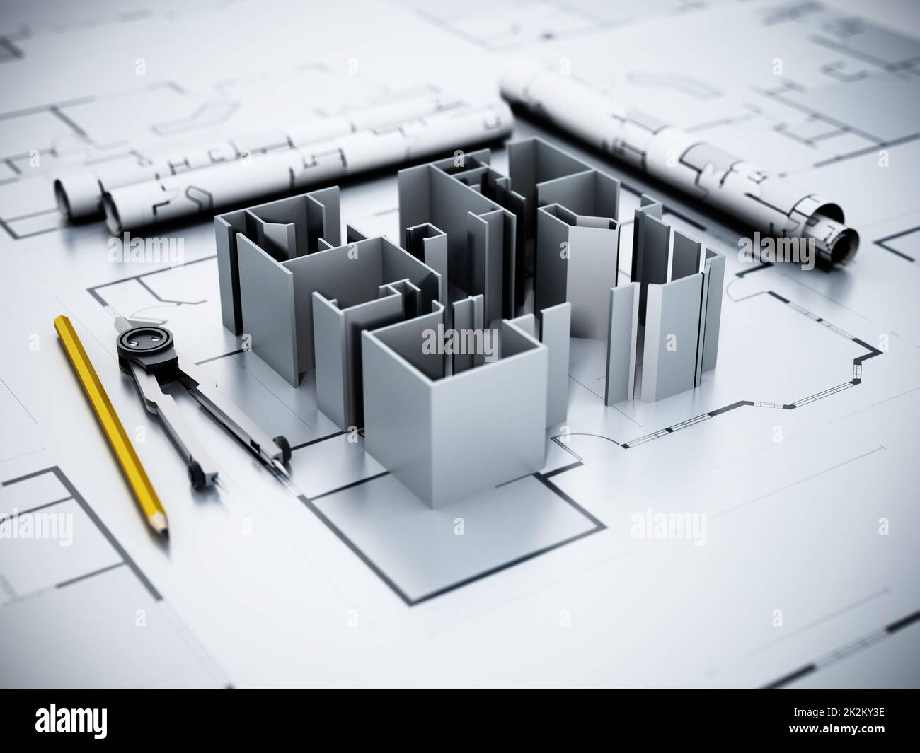 Plans architecturaux, modèle de maison, crayon et compas. 3D ...